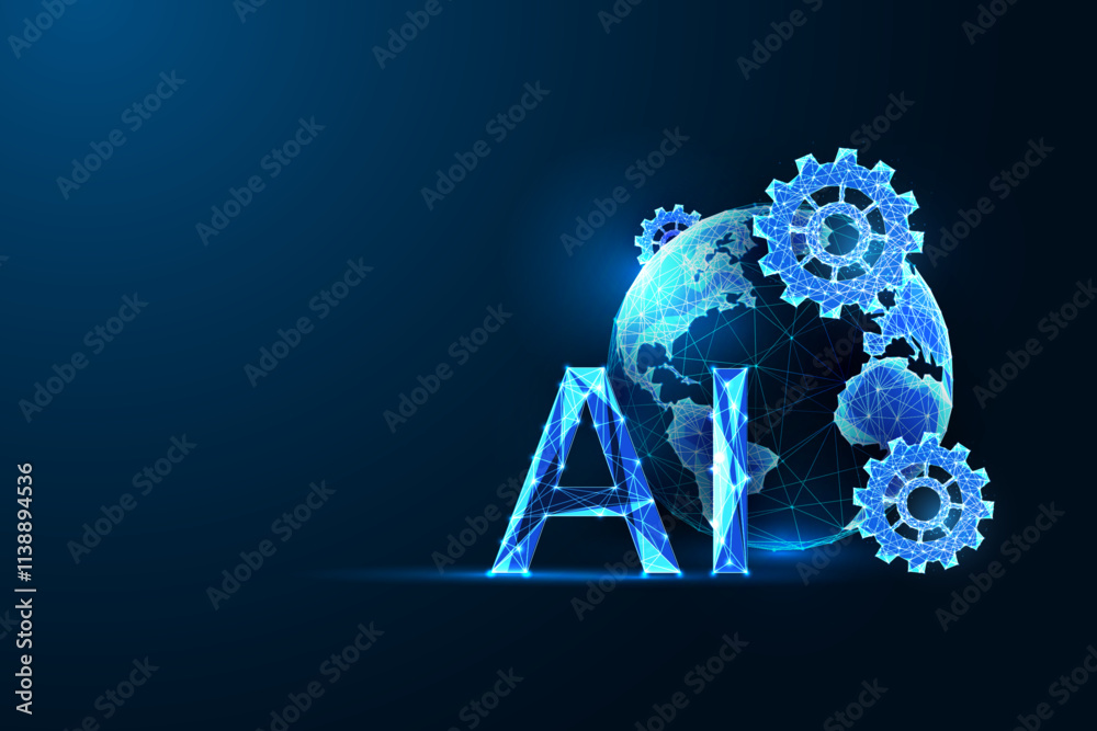 AI-powered global automation with gears and Earth on dark blue ...