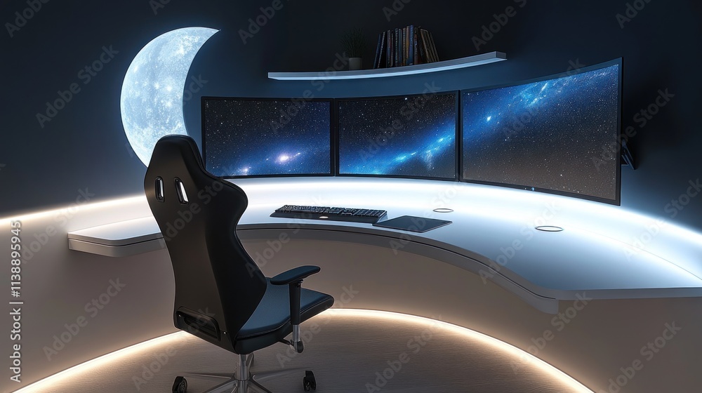 Modern gaming setup with curved desk, triple monitors displaying ...