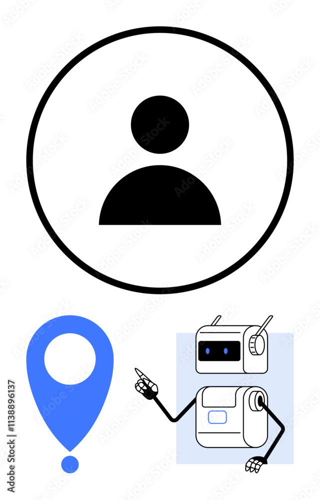 User profile icon, blue location pin, and robot assistant with pointing ...