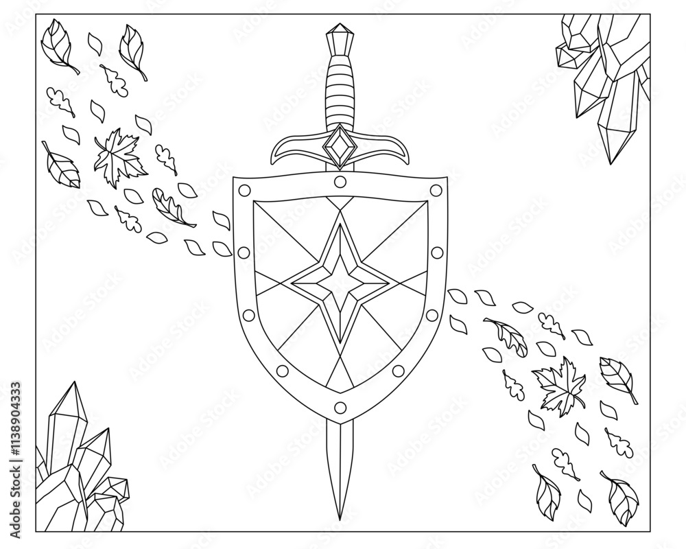 Sword and Shield with Star, Autumn Leaves and Magic Crystals - Vector ...