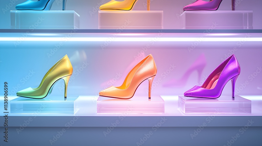 Elegant shoe display, heels in a rainbow spectrum placed precisely in ...