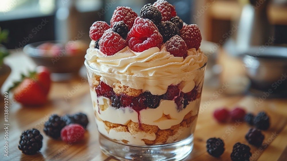 Light whipped cream (dessert topping) layered in a trifle with fruit ...