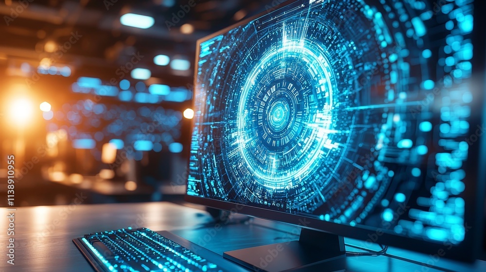 High-tech gamer setup in a cyber-inspired room, large monitor, LED-lit ...