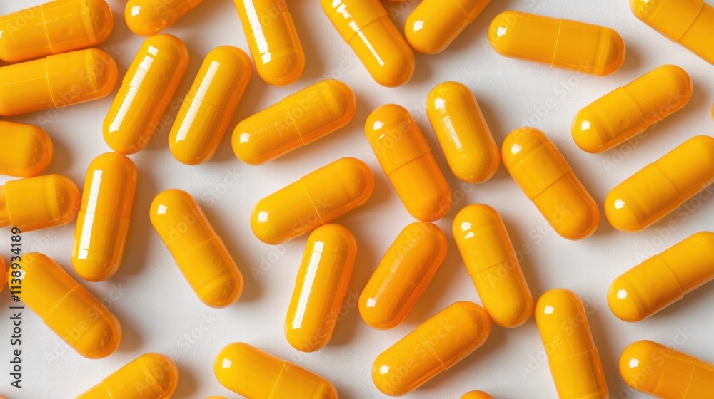 Vitamin B complex capsules with a bright yellow color, scattered on a ...