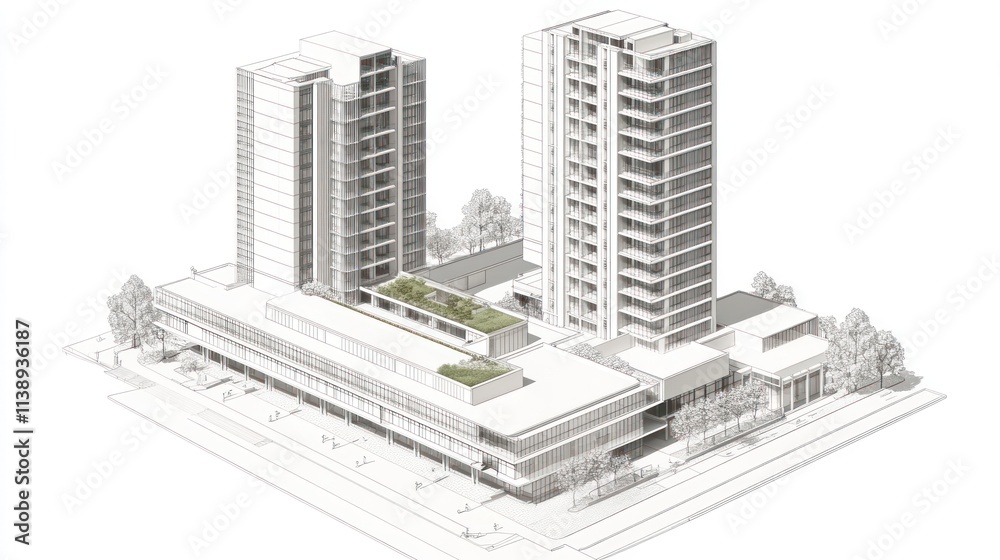 Architectural rendering of two high-rise apartment buildings with a ...