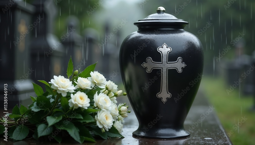 Memorial Urn with Silver Cross and White Roses.Grief. Respect. Memorial ...
