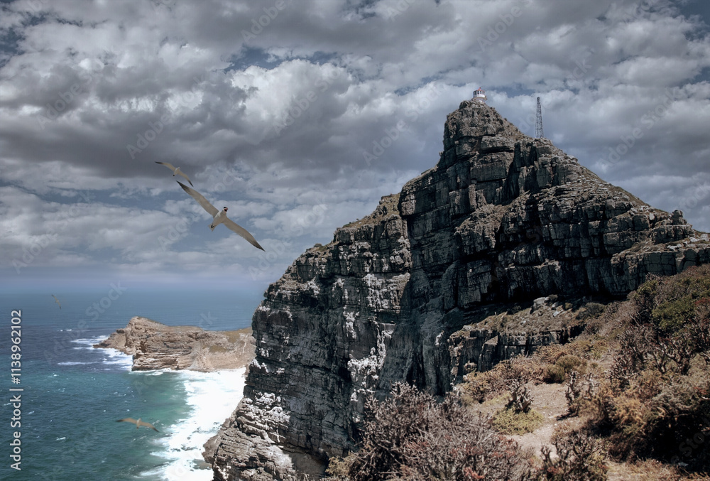Coast of South Africa. Two headlands are visible. On the left is Cape ...