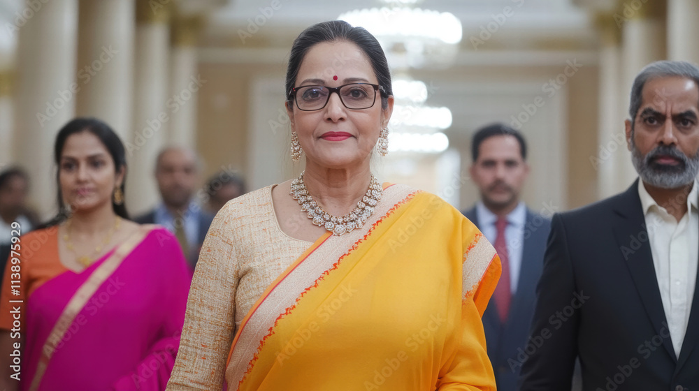 Confident Indian female leader in traditional attire walking through ...