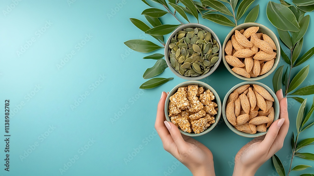 Healthy snack ideas nuts and seeds in bright bowls - food photography ...