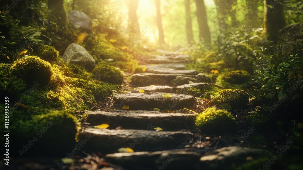 An enchanting Forest Path with sunlight filtering through trees, moss-covered stones, and a ...