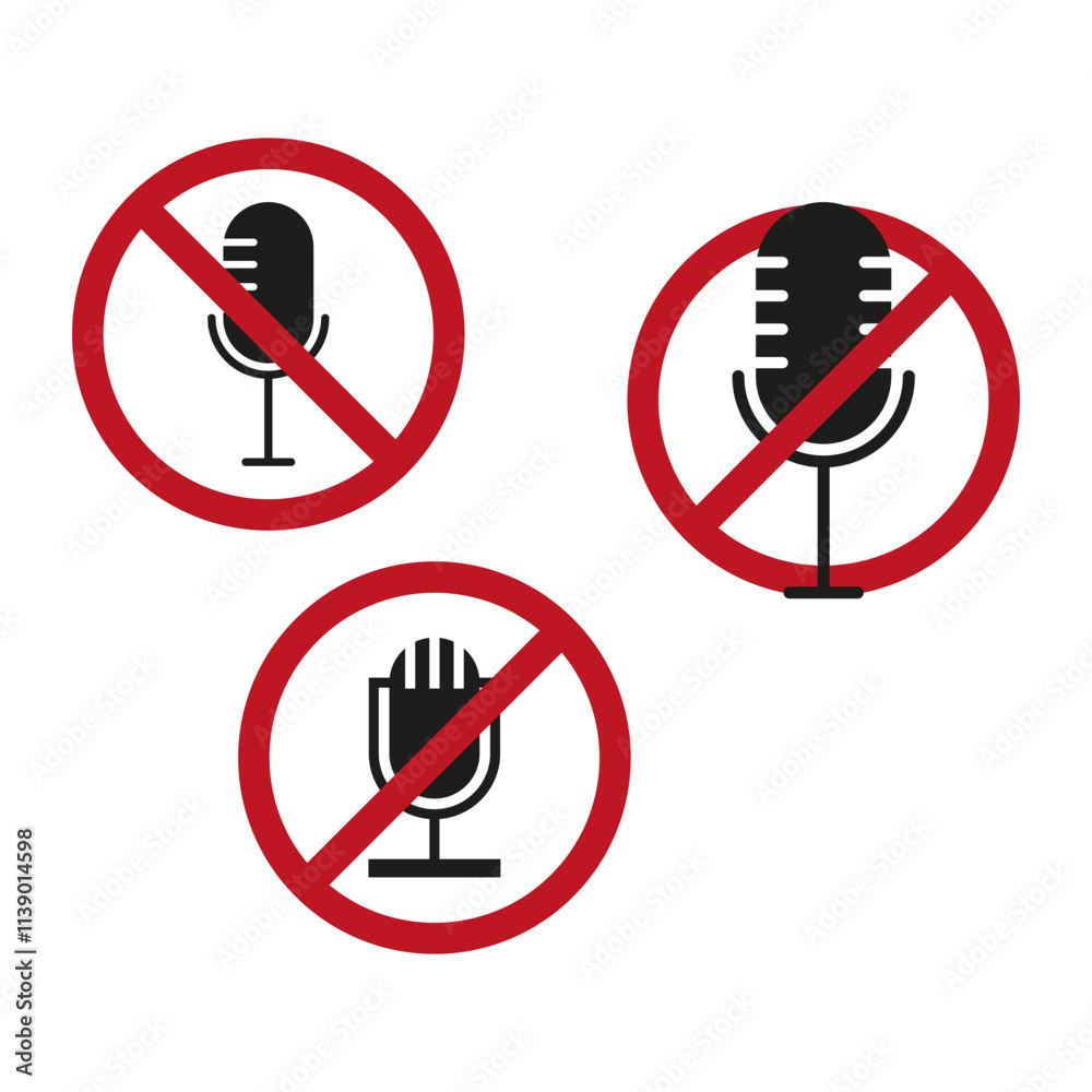 Microphone prohibited sign. No sound icon. Red circle restriction ...