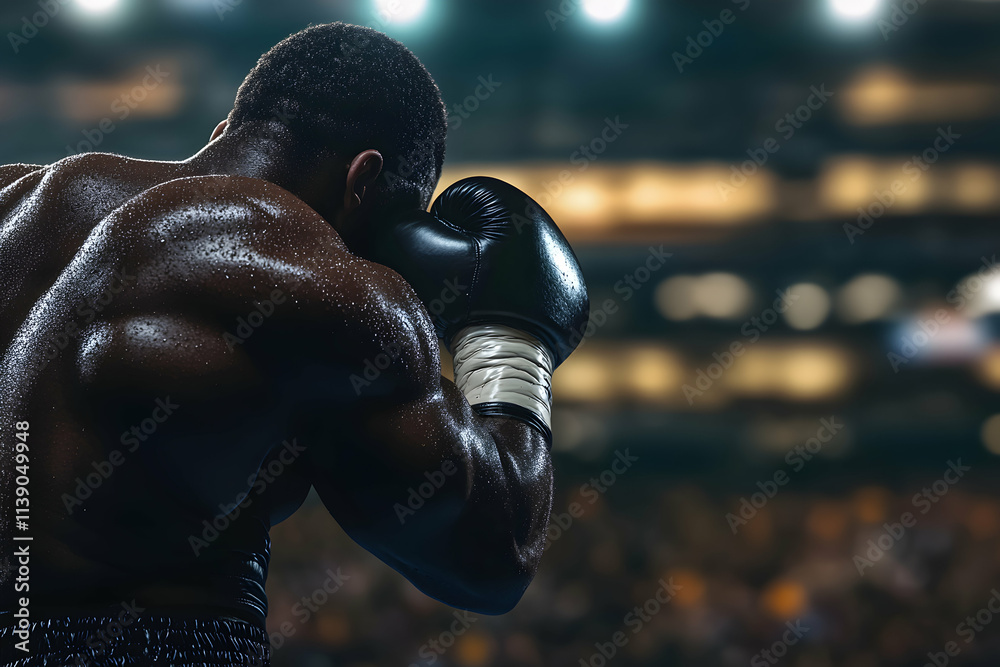 Powerful, sweaty boxer's back, seen from behind in a dimly lit arena ...