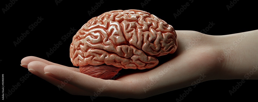 Physician s hand carefully holding an anatomical human brain model ...