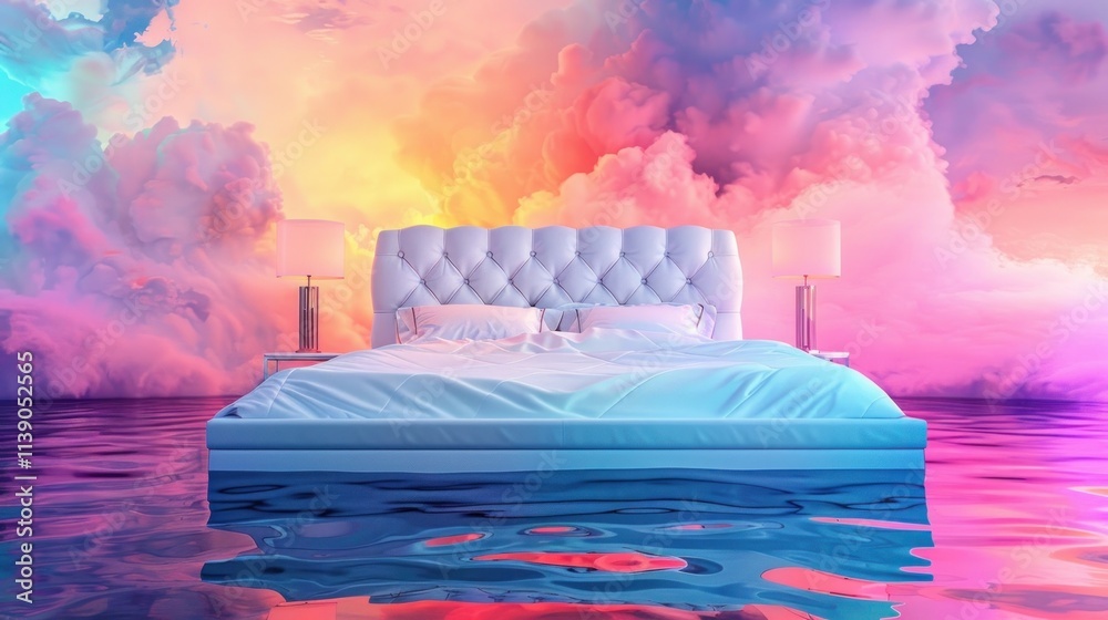 Surreal and fantastical scene of a floating bed in a dreamy ethereal ...
