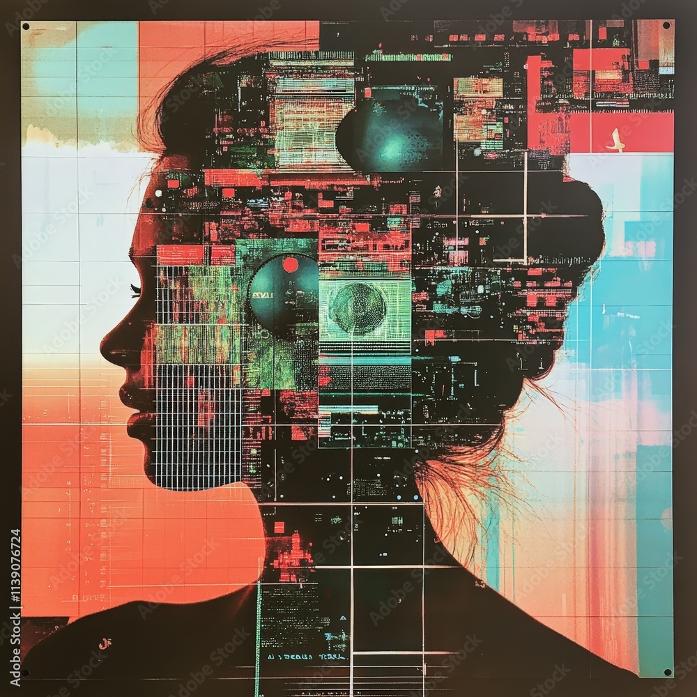 Profile silhouette with a digital matrix overlay of glowing grids and ...