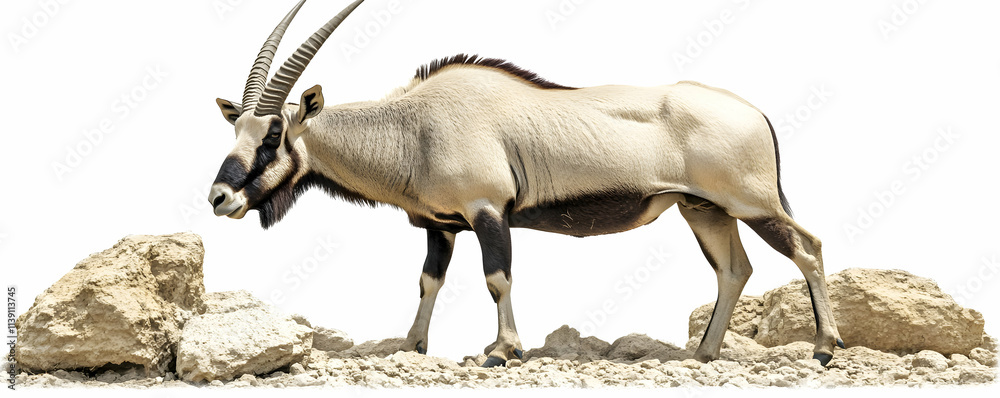 Majestic Arabian Oryx, A Desert Antelope gracefully walks amidst rocky ...