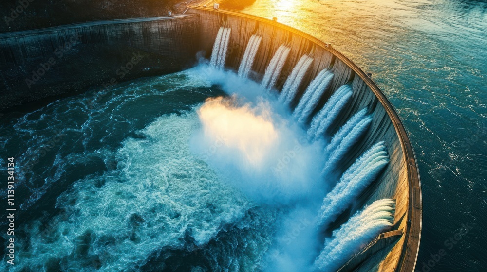 Majestic Dam Sunset: A breathtaking view of a dam releasing water at ...
