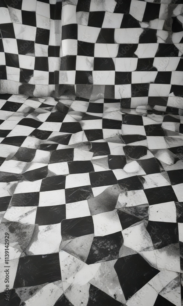 Distressed black and white checkered floor tile with a worn, vintage ...