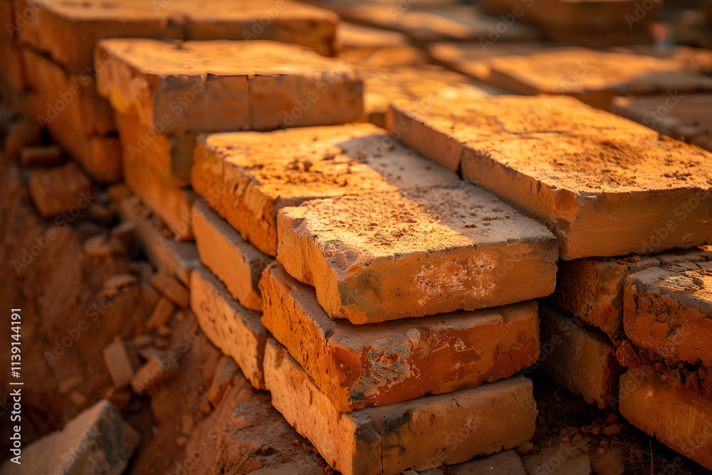Close-Up of Neatly Stacked Red Clay Bricks at Construction Site with ...
