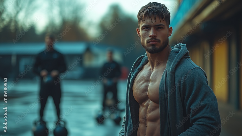 Young muscular athlete showing his perfect pecs after an intense ...