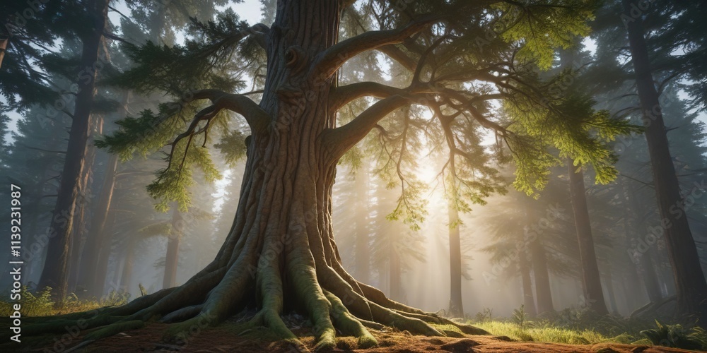 The trunk of a large evergreen tree rises high into the air from the ...