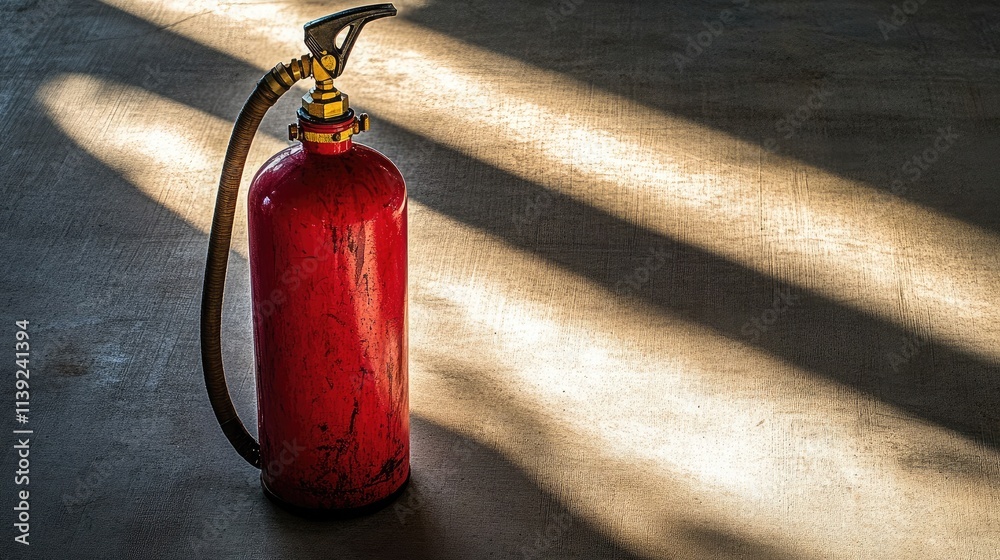Red fire extinguisher standing alone on a concrete floor illuminated by ...