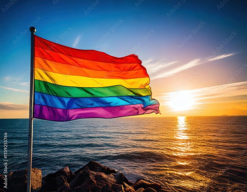pride flag gay pride lgbtq rainbow colored flag by the ocean sunny blue ...