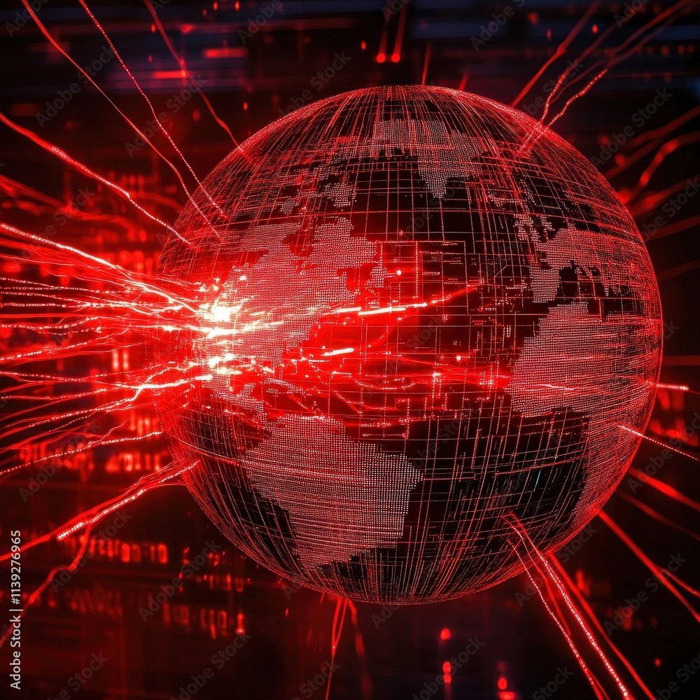 Preventing Cyber Attacks: Cybersecurity for Hacking concept. Glowing red globe with digital data ...