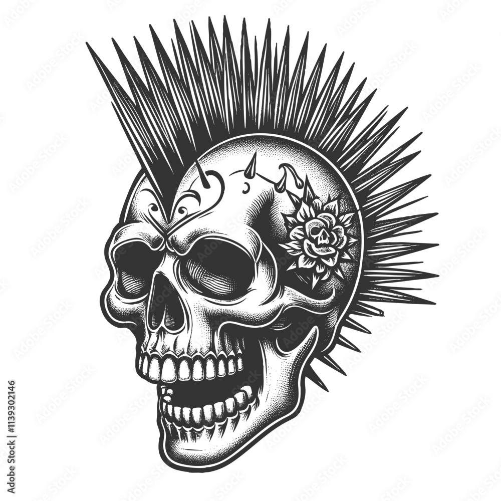 human skull with a bold spiked mohawk, embodying punk rock style and ...