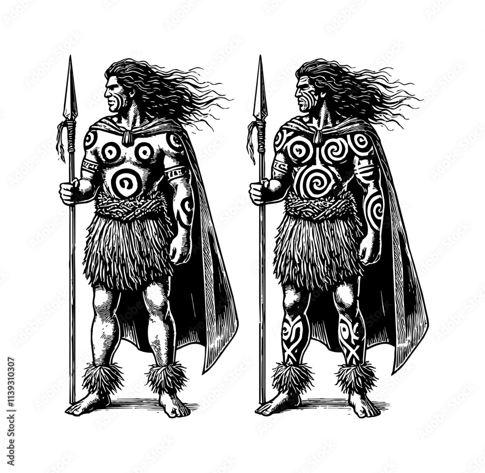 powerful Maori tribe warrior, standing tall, wearing traditional tribal ...