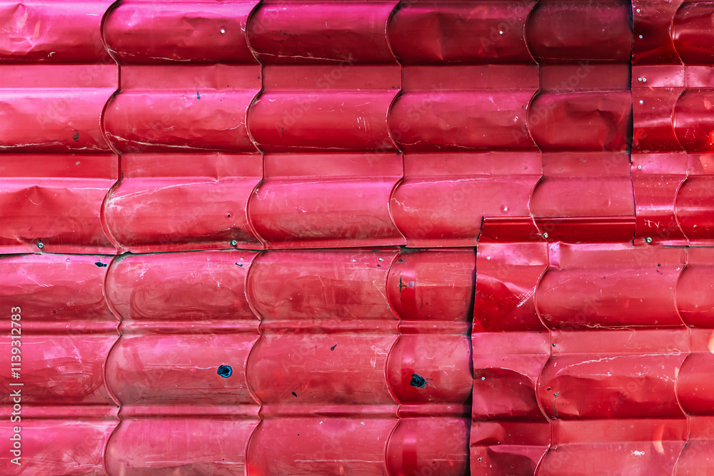 Artistic of old red metal tile fence background. Fence from corrugated ...
