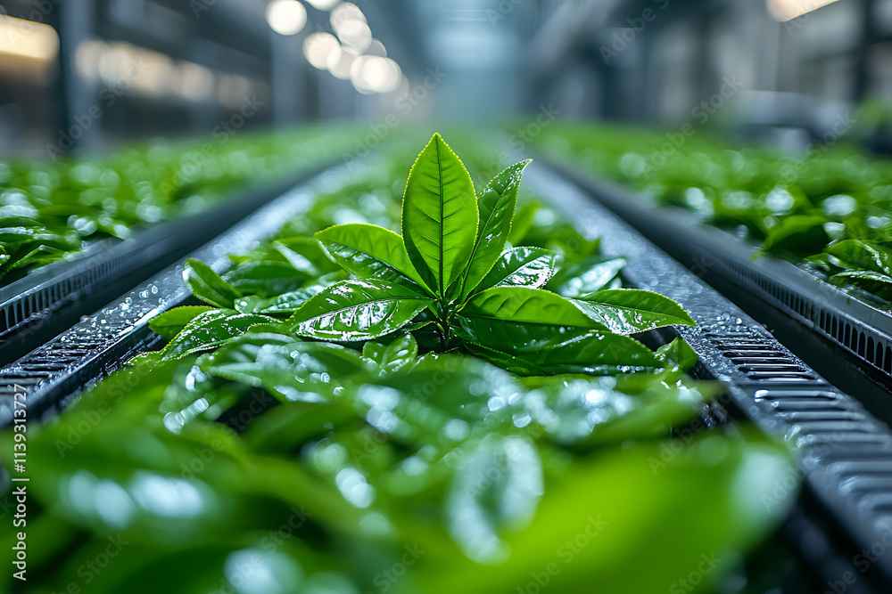 Tea leaves being processed in a modern tea factory, showing drying ...