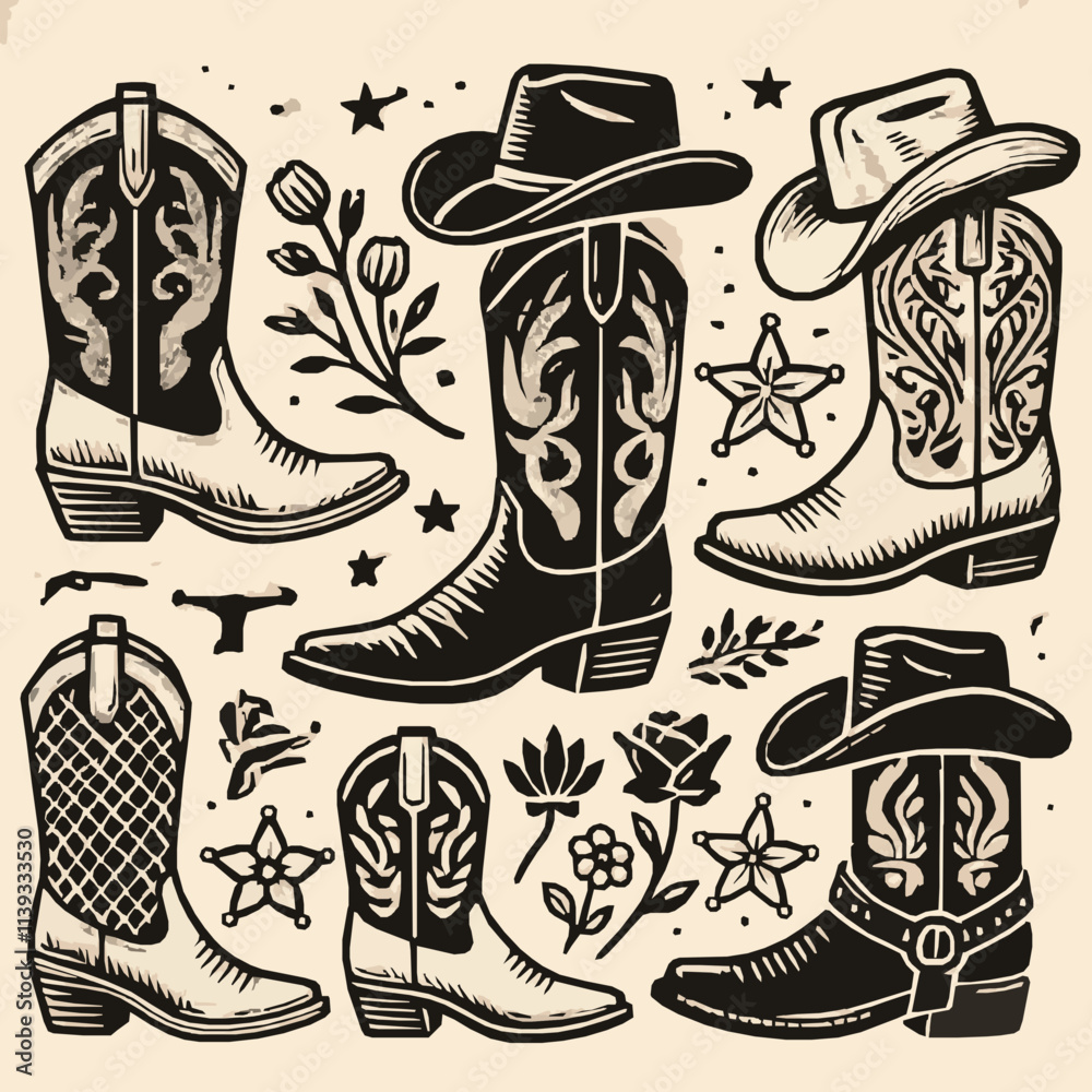 Vector de Stock Cowboy Boot Svg Bundle, Cowboy Boot Png, Cowboy Hat Svg ...