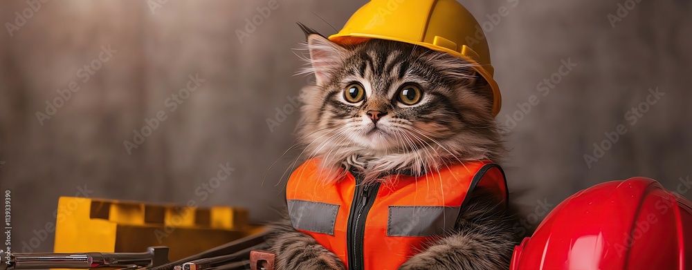 Fluffy cat in a construction workers vest and hard hat, sitting by ...