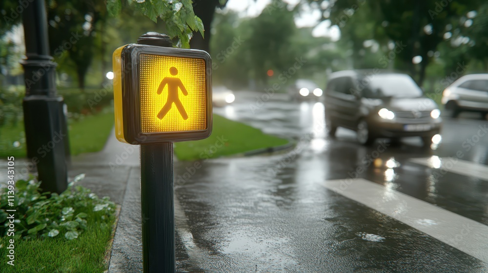 Bright yellow pedestrian sign reflecting city lights on a wet street at ...