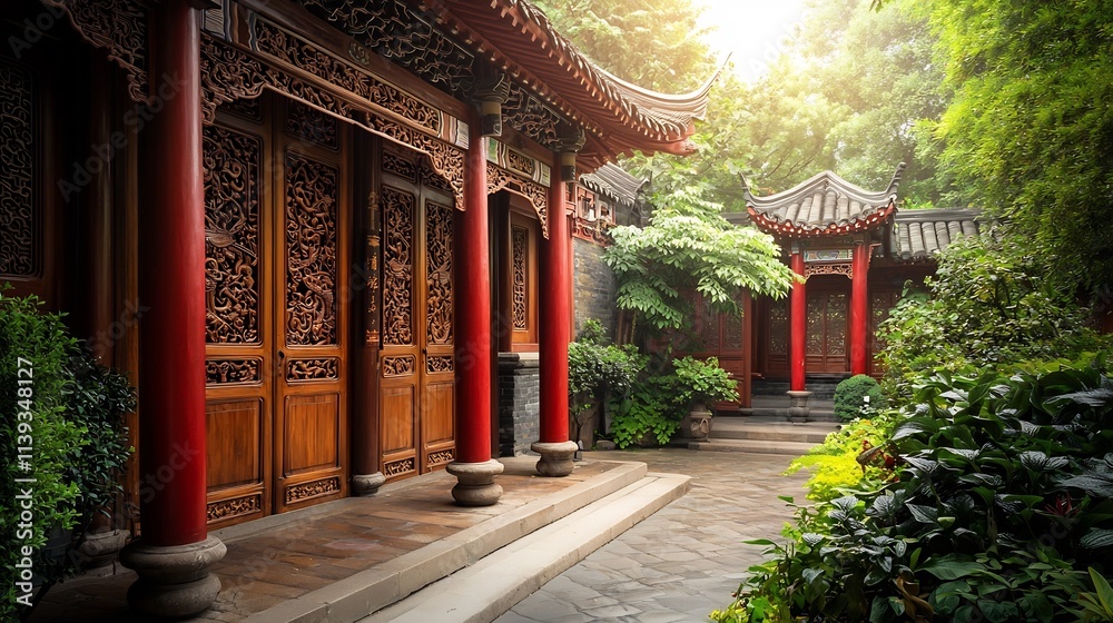 Ornate Traditional Chinese Courtyard House Siheyuan with Decorative ...
