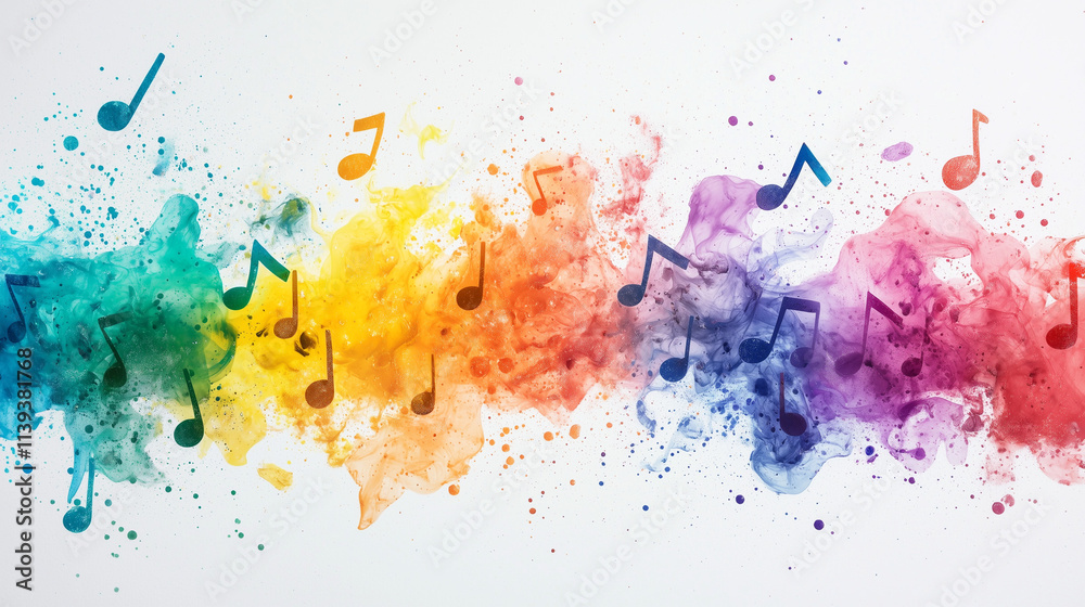 Rainbow Symphony: A vibrant watercolor explosion of musical notes in a ...