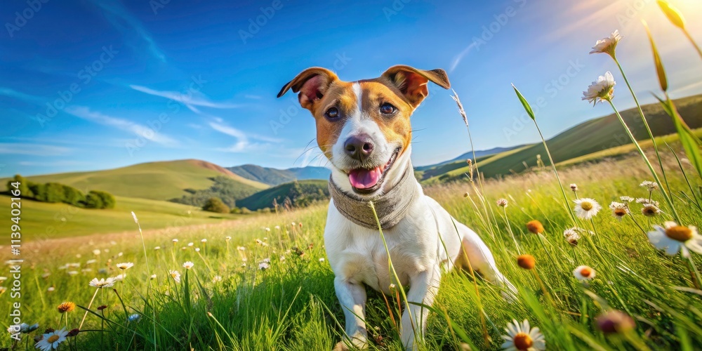 Jack Russell Terrier with Head Bandage in a Panoramic Landscape: A ...