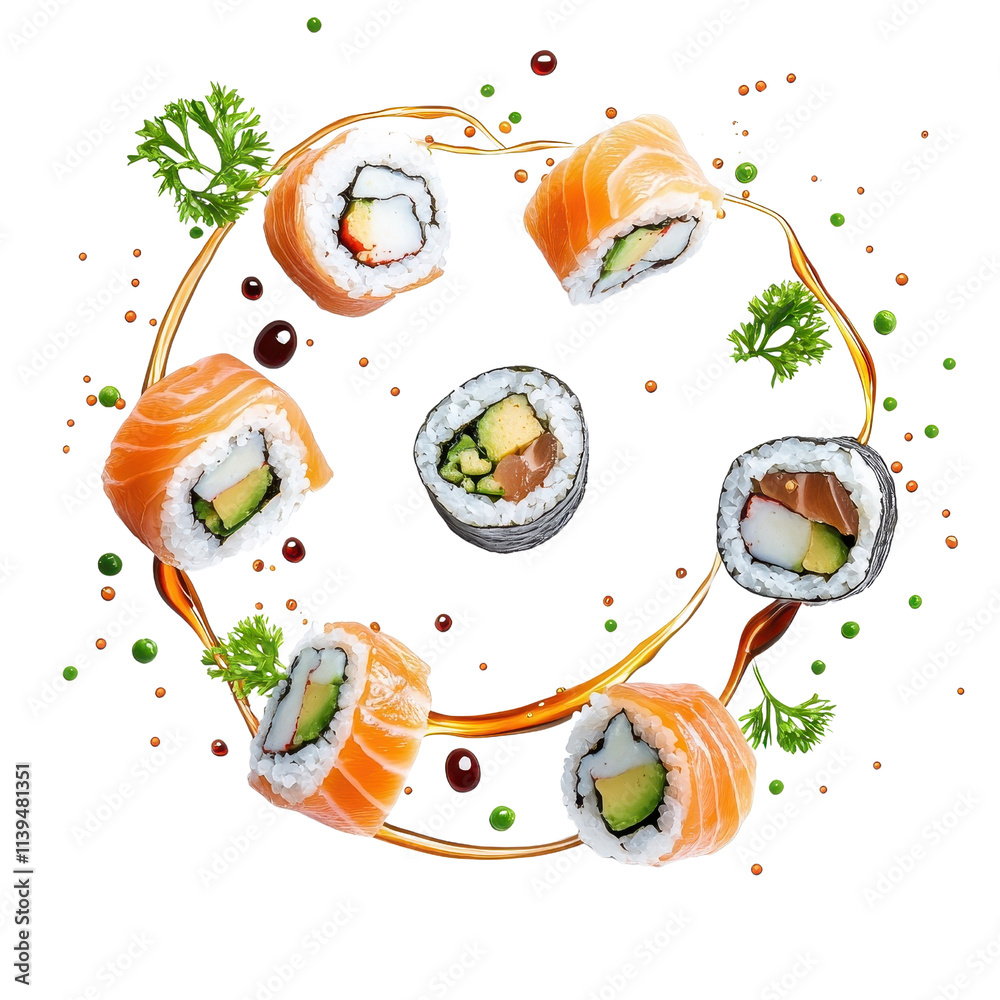 Sauce circular splash swirl around maki sushi, isolated on a white ...