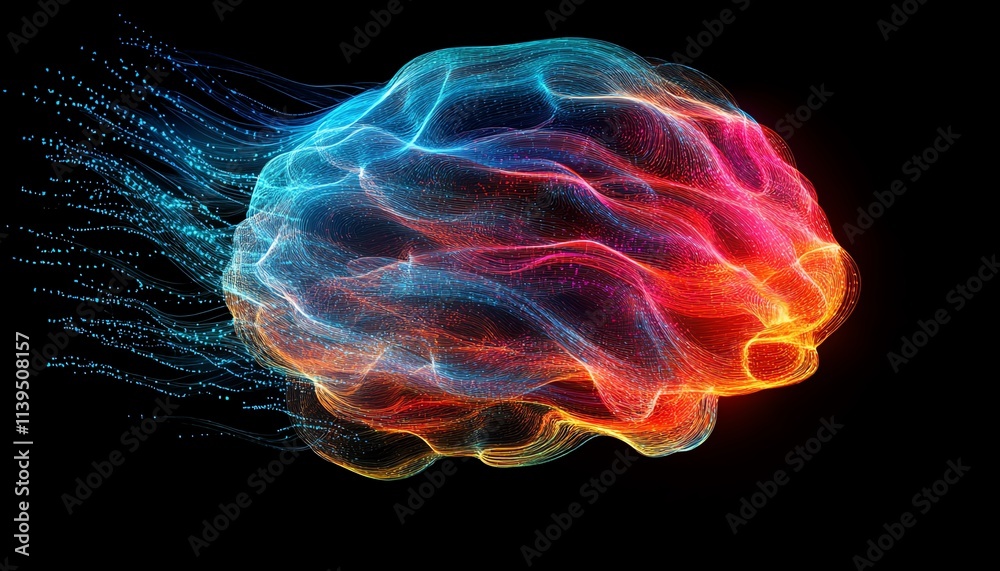 Digital brain illustration with colorful lines and data connections ...