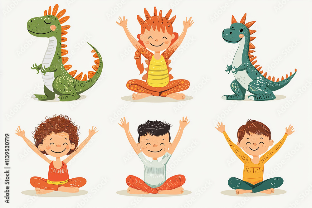 Happy children mimicking dinosaur yoga poses in a fun- cartoonish clip ...