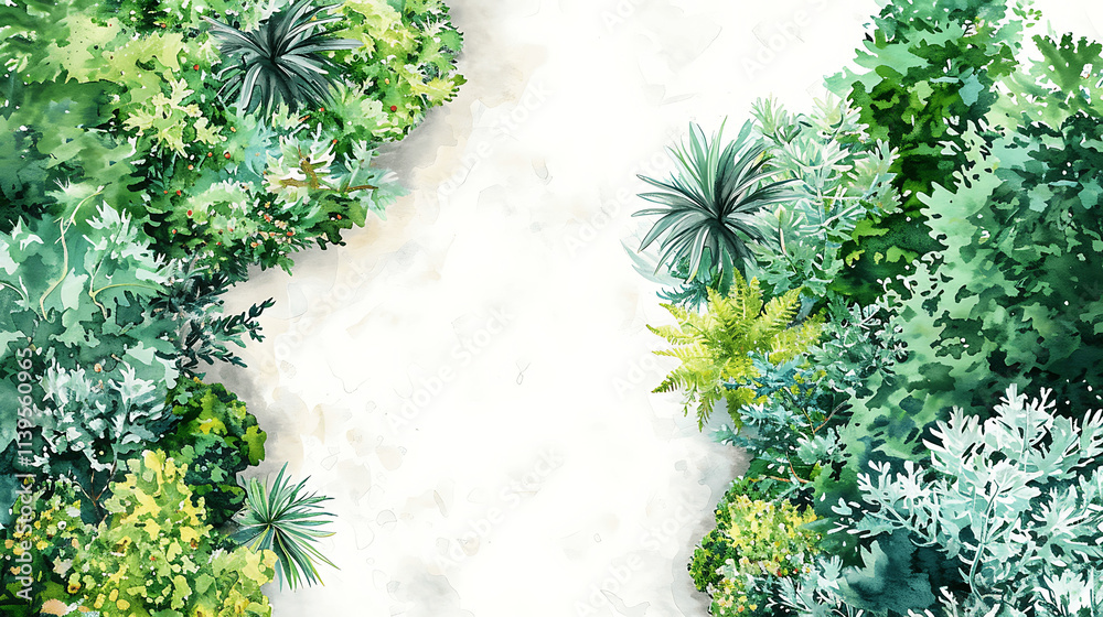 Hand-painted watercolor trees and planst. Top down view of plants ...