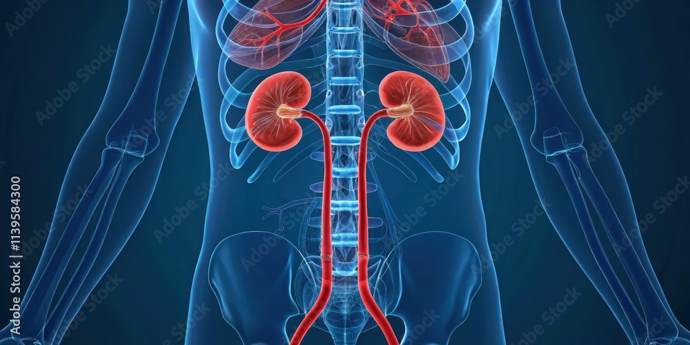 Anatomical rendering of the human urinary system, showcasing kidneys ...