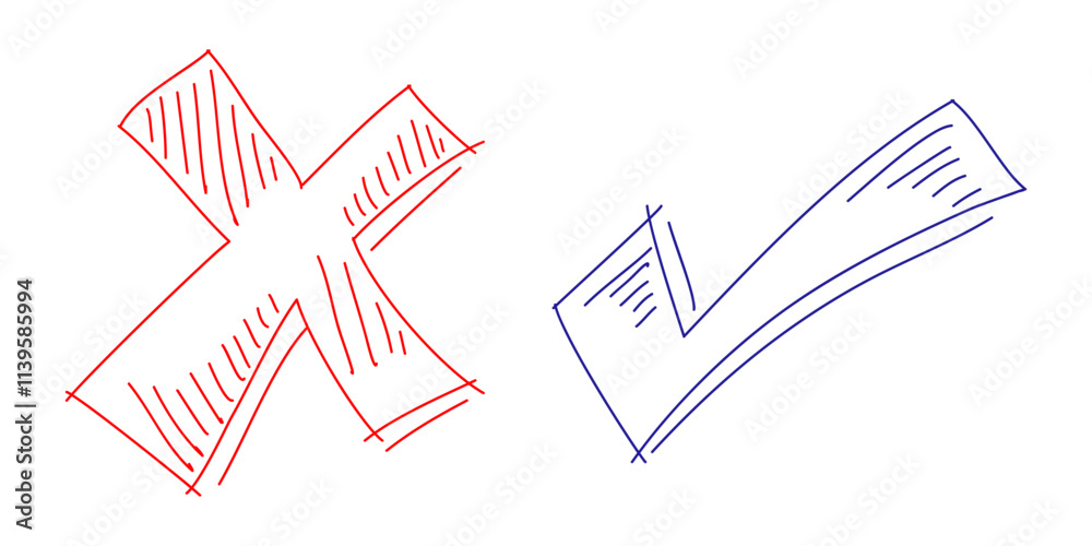 Doodle check mark and cross mark icon set. Tick symbol. checklist signs ...