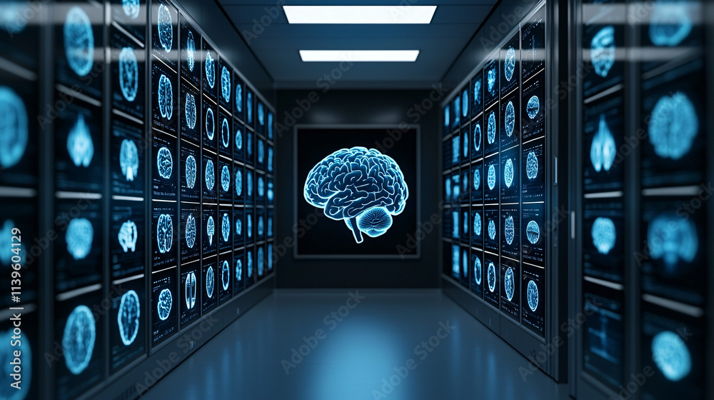 futuristic healthcare innovation hub featuring advanced brain imaging technology, showcasing ...