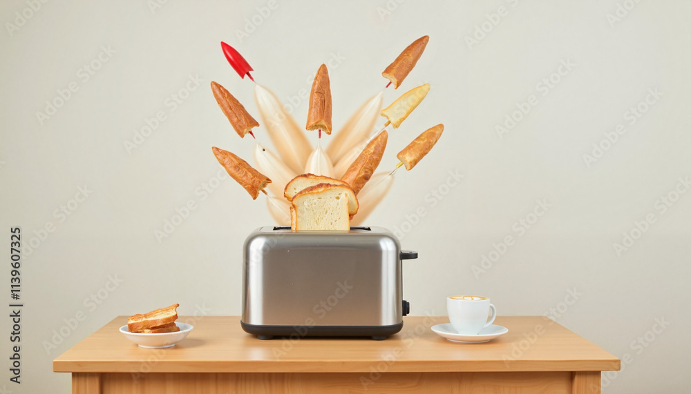 Unusual breakfast display featuring bread launching from toaster with a ...