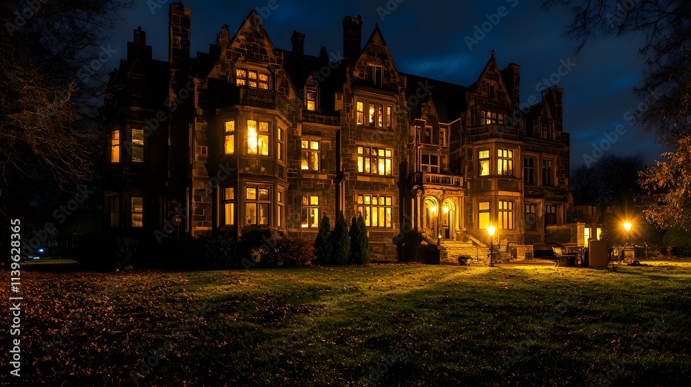 116. A spooky night scene of a creepy old mansion with lights ...