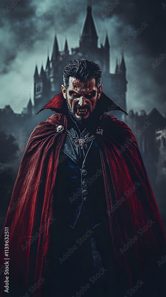 3. A vampire in a classic cape, with fangs bared and a sinister smile ...