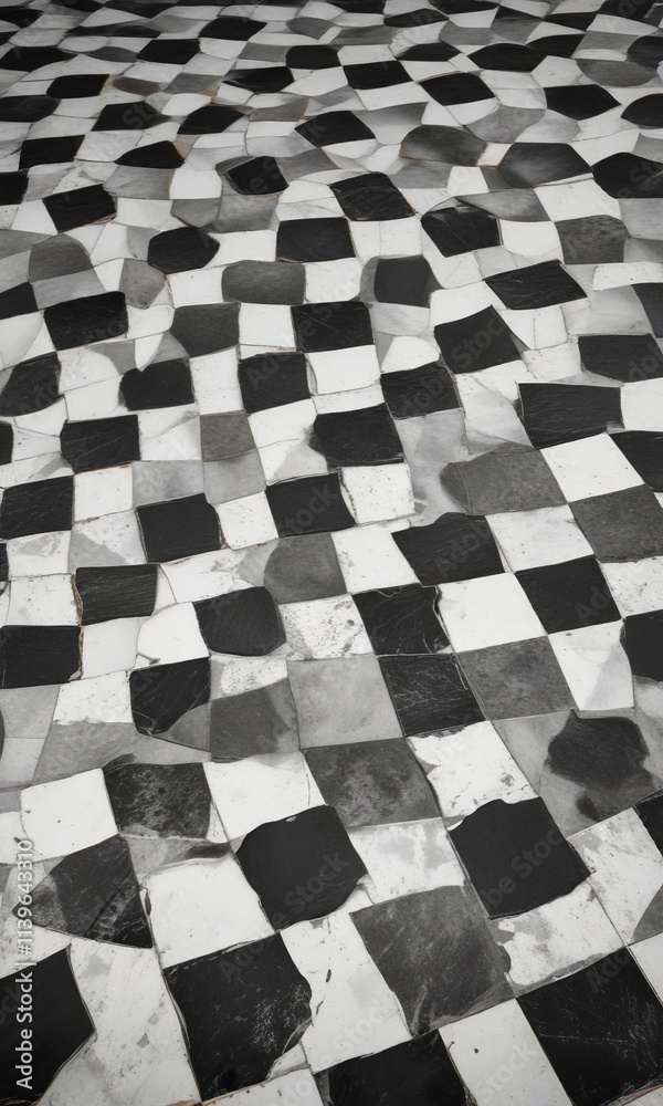 Distressed black and white checkered floor tile with a worn, vintage ...