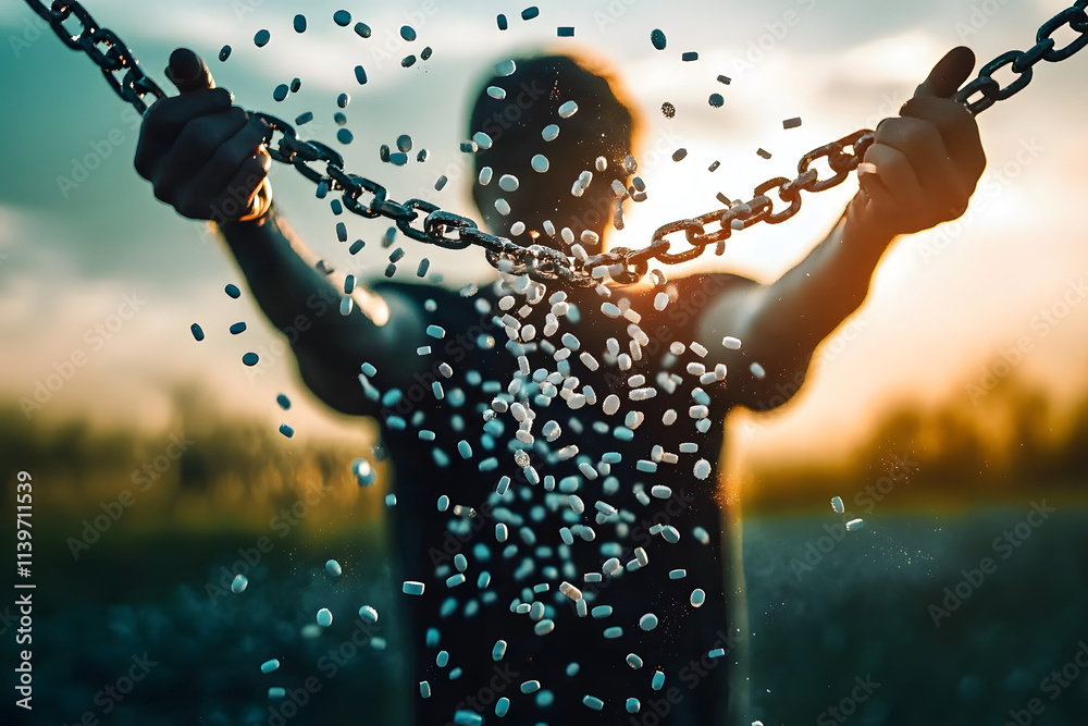 A person breaking chains with fentanyl pills falling away, symbolizing ...